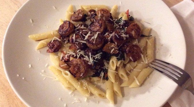 Shrimp Pasta topped with Spinach, Button Mushrooms and Roma Tomatoes ...